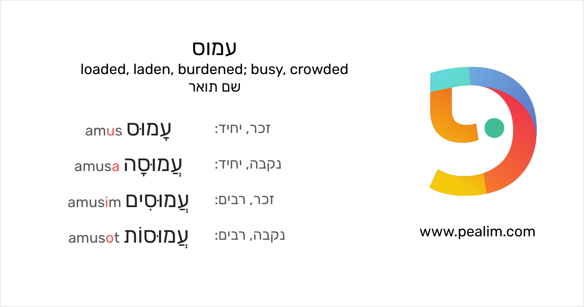 עמוס – loaded, laden, burdened; busy, crowded – טבלאות הנטייה בעברית